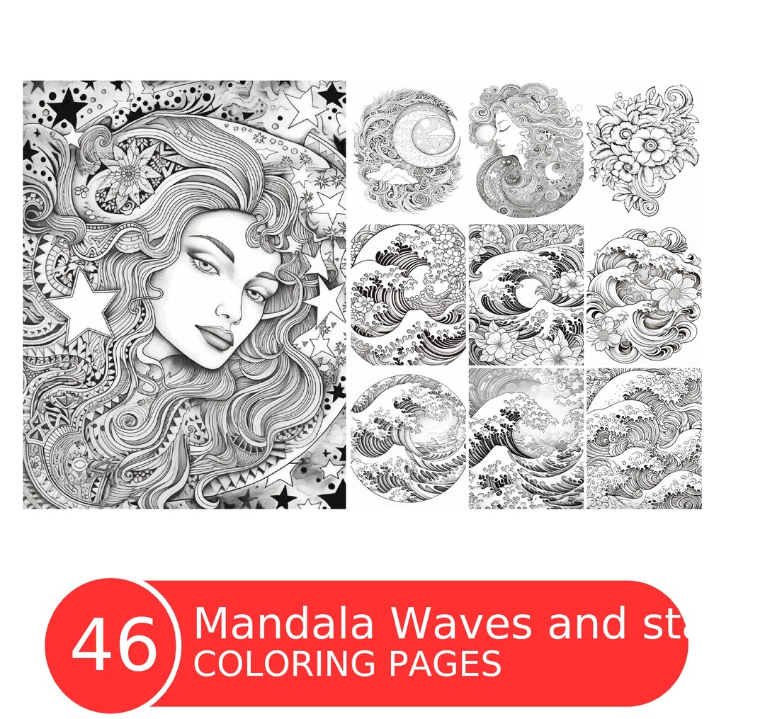 Mandala Waves and Stars Coloring Book for Adults and Kids, Grayscale ...