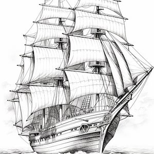 Elegant Old Sailing Ship Coloring Book for Adults and Kids, Grayscale ...