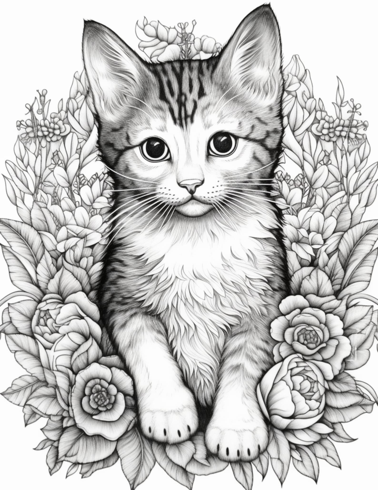 24 Cute Flower Cat Coloring Book, Adults Kids Coloring Pages, Instant ...