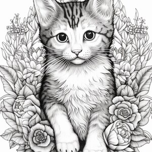 24 Cute Flower Cat Coloring Book, Adults Kids Coloring Pages, Instant ...