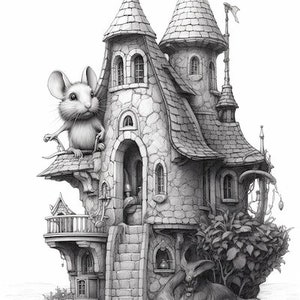 Magical Mouse House Coloring Book for Adults and Kids, Grayscale ...