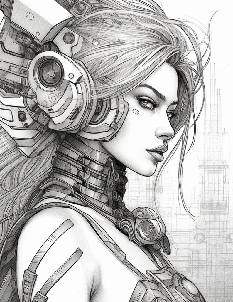 Futuristic Punk Coloring Page for Adults and Teens Grayscale - Etsy