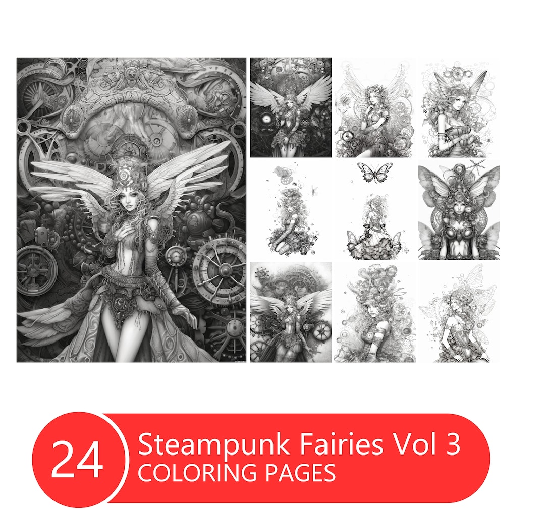 Steampunk Fairies Vol 3 Coloring Book for Adults and Kids, Grayscale ...