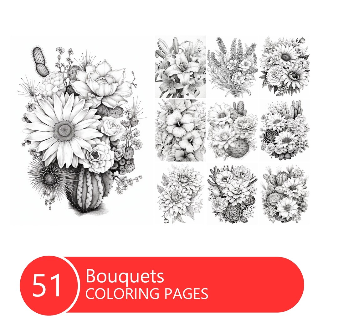 Floral Bouquets Coloring Book: 51 Grayscale Pages (printable PDF) - Etsy