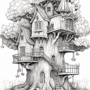 Enchanted Treehouse Coloring Page for Adults + Kids, Instant Download ...