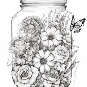 Jars and Flowers Coloring Book for Adults and Kids, Grayscale Coloring ...