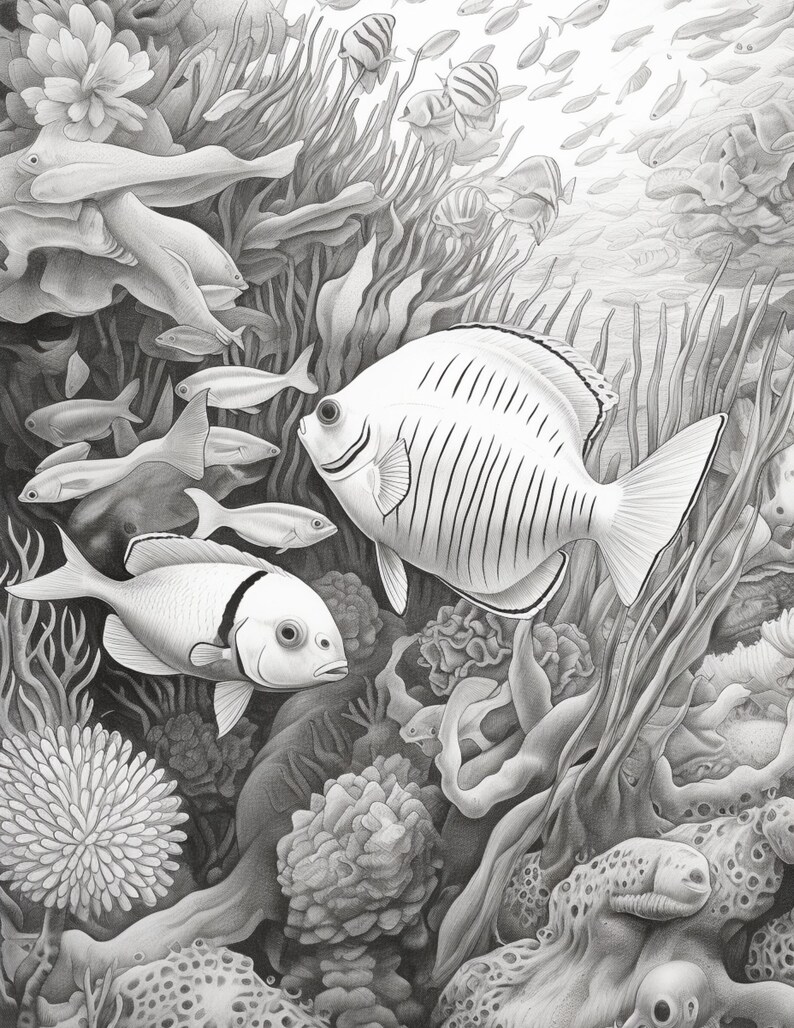 Relaxing Coral Reef Coloring Book Instant Download Grayscale - Etsy