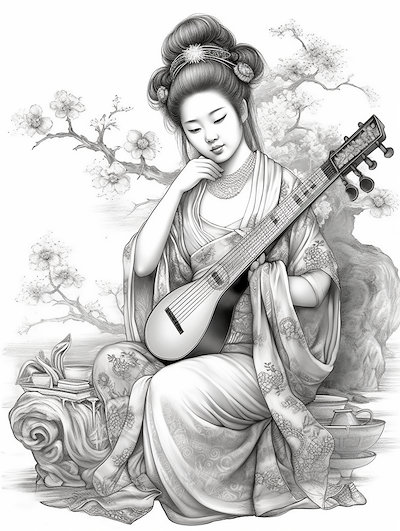 Geishas Coloring Book for Adults and Kids, Grayscale Coloring Pages ...