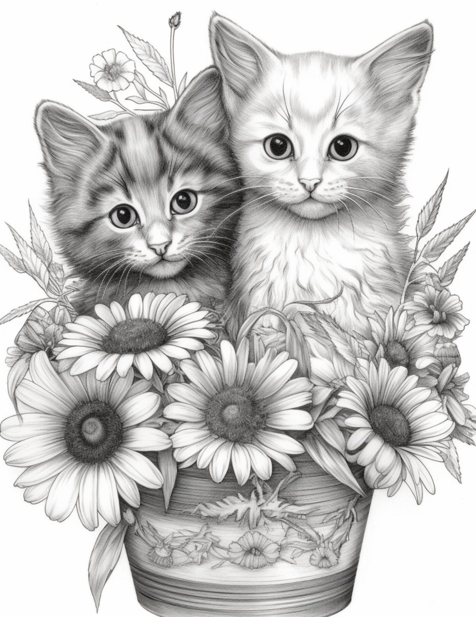 24 Cute Flower Cat Coloring Book, Adults Kids Coloring Pages, Instant ...