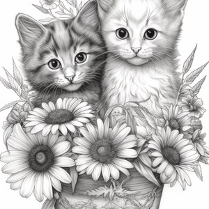 24 Cute Flower Cat Coloring Book, Adults Kids Coloring Pages, Instant ...