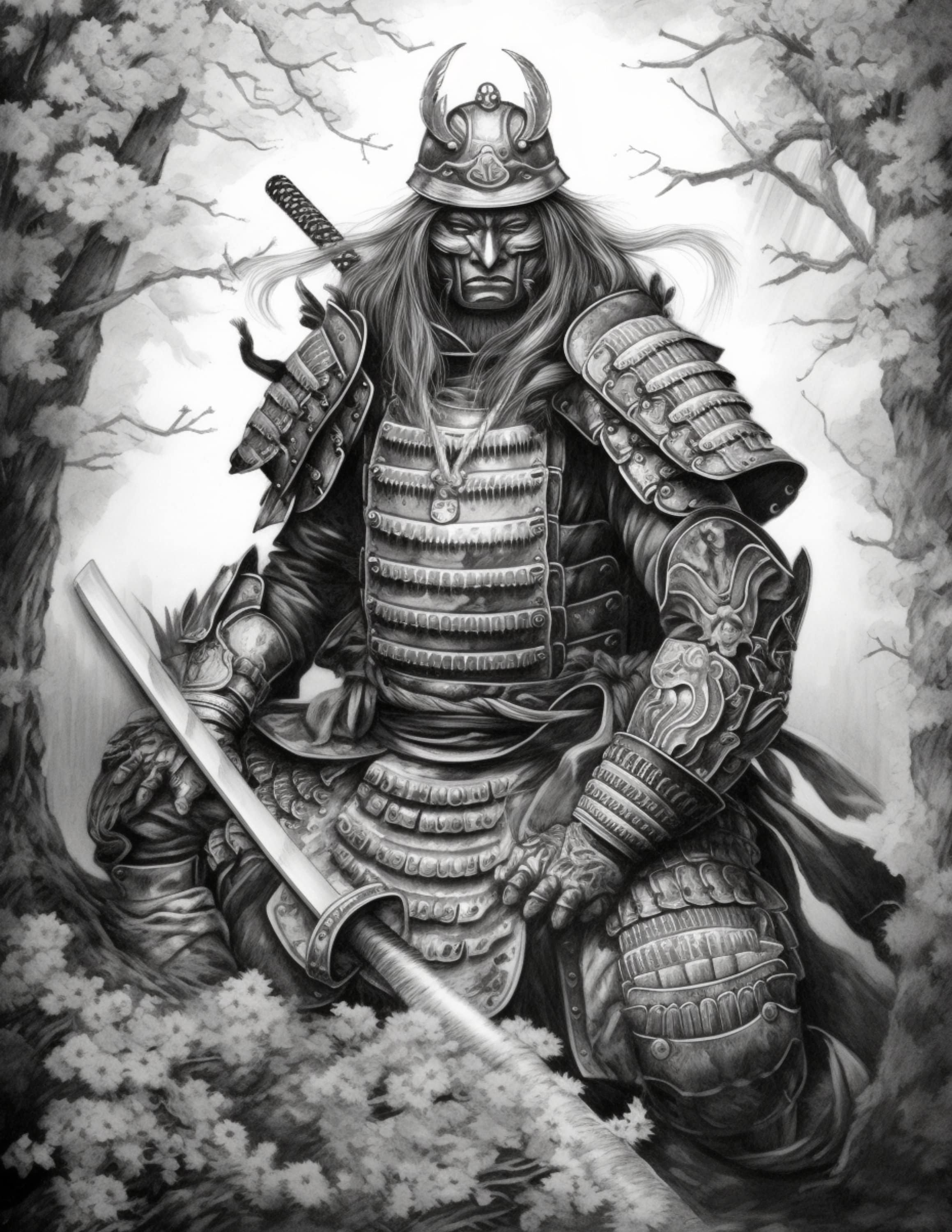 Samurai Warriors Coloring Page for Adults and Teens Grayscale - Etsy