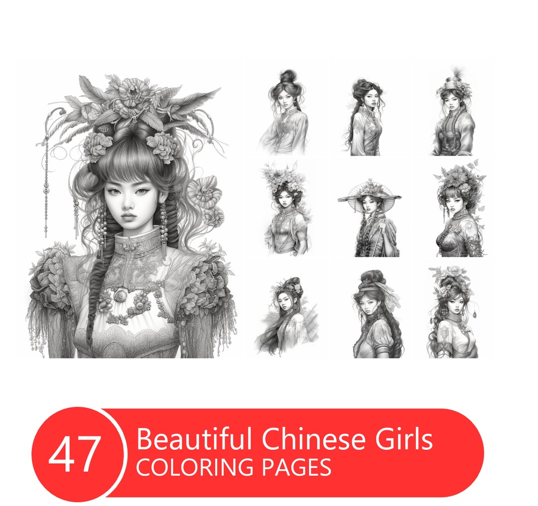 Beautiful Chinese Girls Coloring Book for Adults and Kids, Grayscale ...