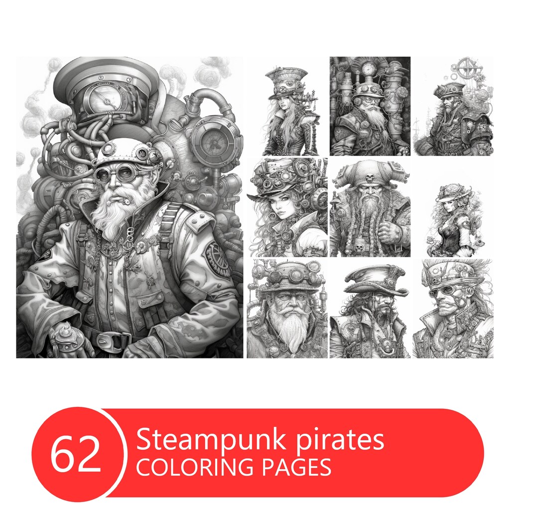 Steampunk Pirates Coloring Book for Adults and Kids, Grayscale Coloring ...