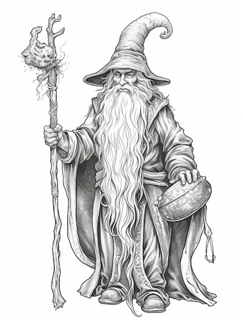 Wizard Grayscale Coloring Book: Mystical Illustrations (printable PDF ...