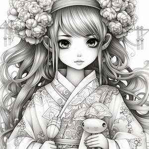 Anime Kimono Girls Coloring Book for Adults and Kids, Grayscale ...