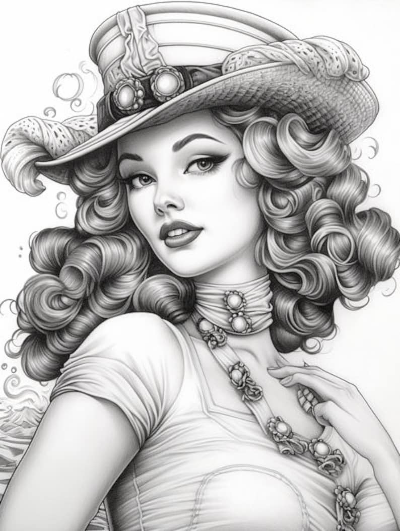 Vintage Pinup Coloring Book for Adults and Kids Grayscale - Etsy