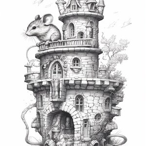 Magical Mouse House Coloring Book for Adults and Kids, Grayscale ...