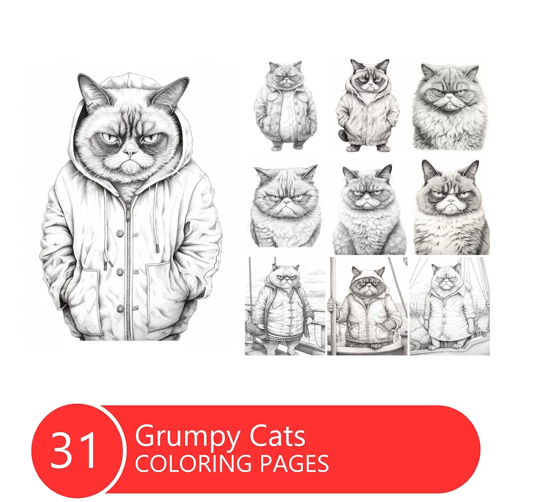 Grumpy Cats Coloring Book for Adults and Kids, Grayscale Coloring Pages ...