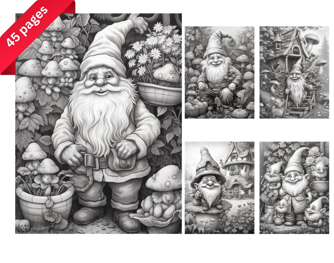 Grayscale Garden Gnomes Coloring Book for Adults, Teens, Instant ...
