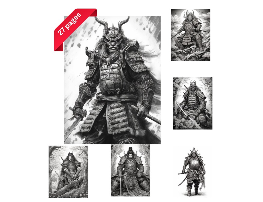 Samurai Warriors Coloring Page for Adults and Teens, Grayscale Coloring ...