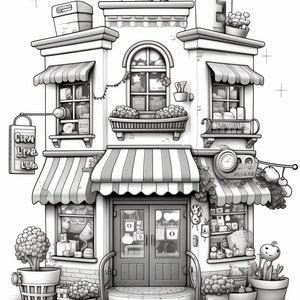 Store Fronts Coloring Book for Adults and Kids, Grayscale Coloring ...