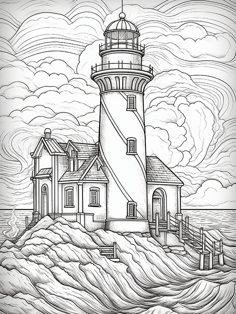 Lighthouses Coloring Book for Adults and Kids, Grayscale Coloring Pages ...
