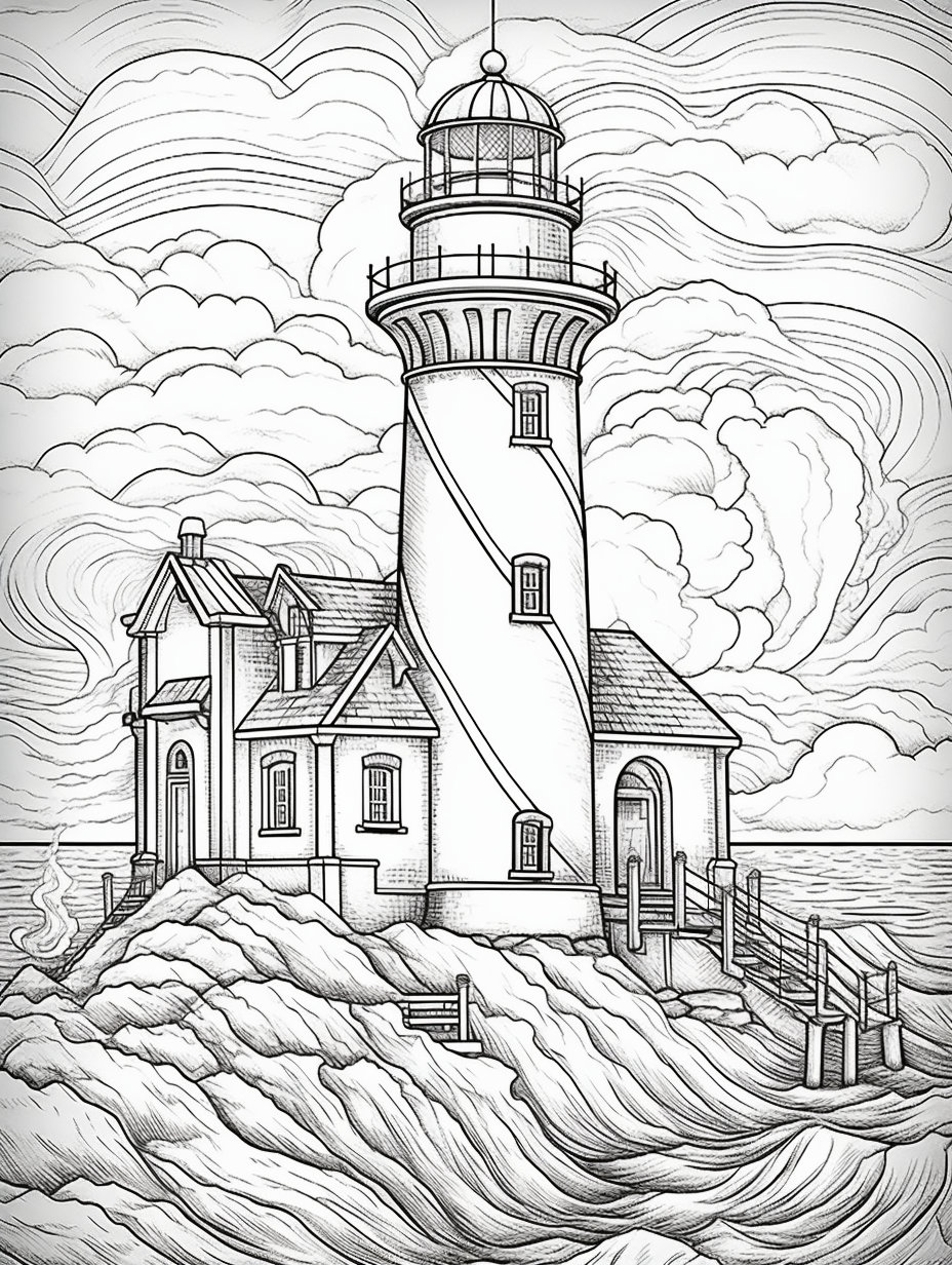 Lighthouses Coloring Book for Adults and Kids, Grayscale Coloring Pages ...