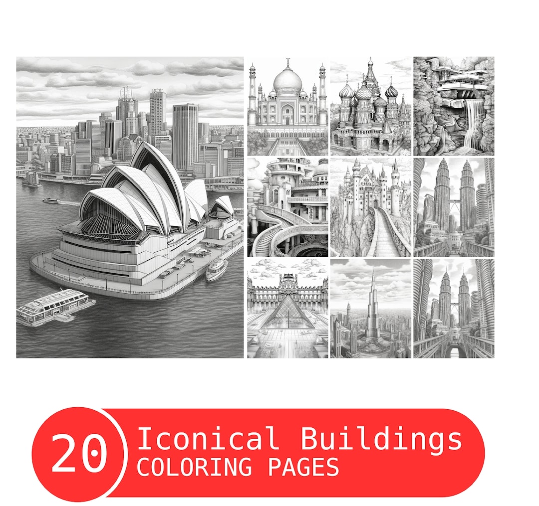 Iconical Buildings Coloring Book for Adults and Kids, Grayscale ...