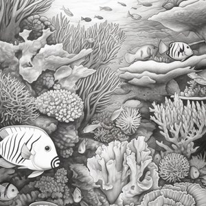Relaxing Coral Reef Coloring Book, Instant Download, Grayscale Animals ...