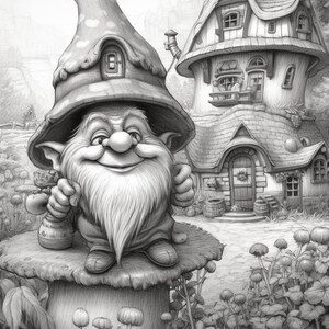Grayscale Garden Gnomes Coloring Book for Adults, Teens, Instant ...