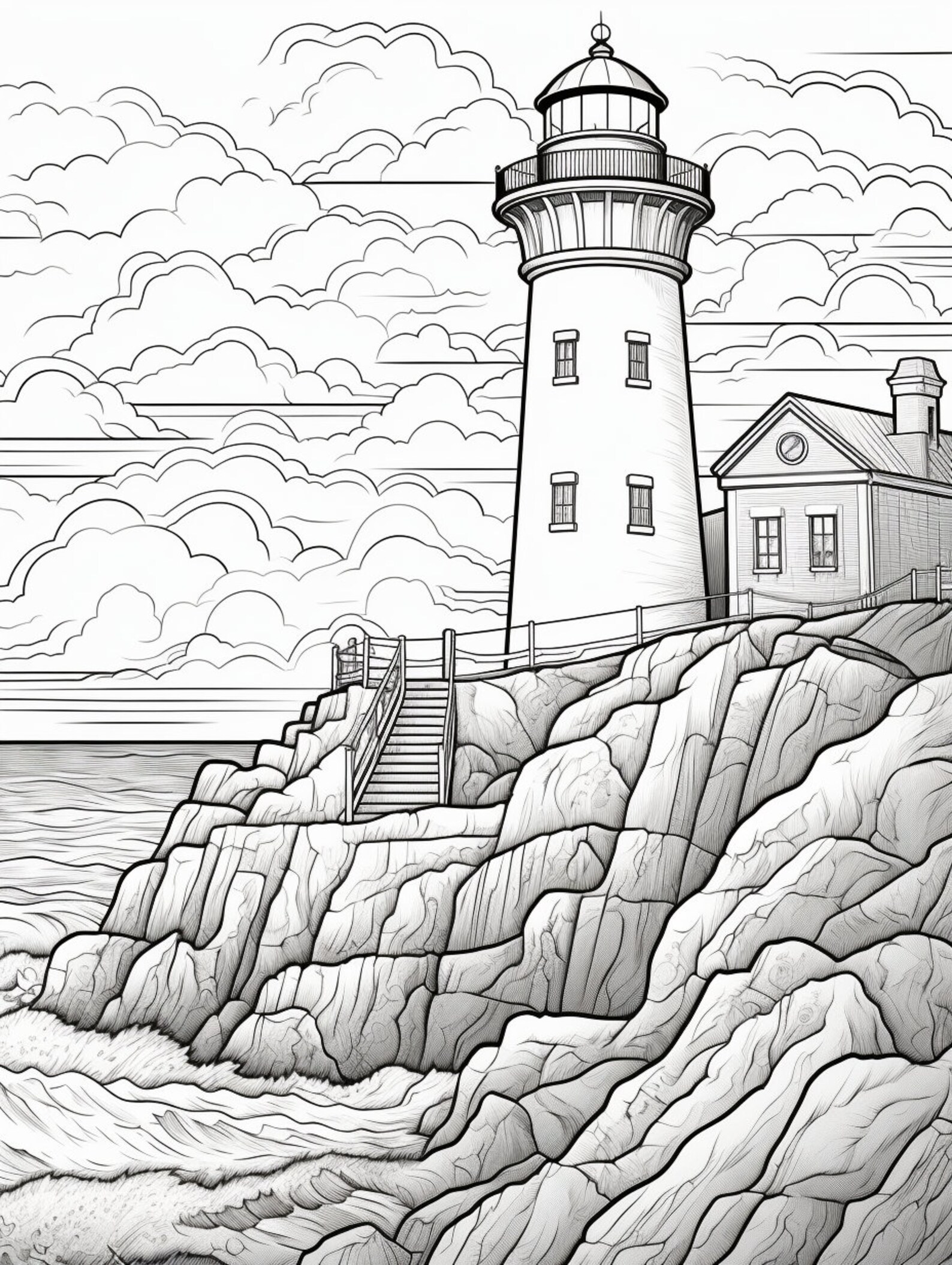 Lighthouses Coloring Book for Adults and Kids, Grayscale Coloring Pages ...