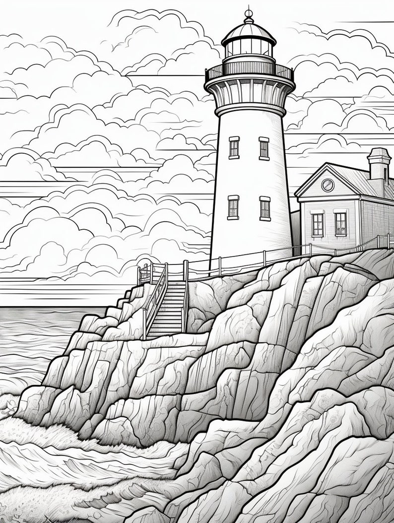 Lighthouses Coloring Book for Adults and Kids, Grayscale Coloring Pages ...