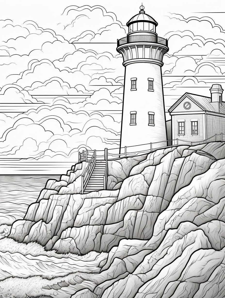 Lighthouses Coloring Book for Adults and Kids, Grayscale Coloring Pages ...