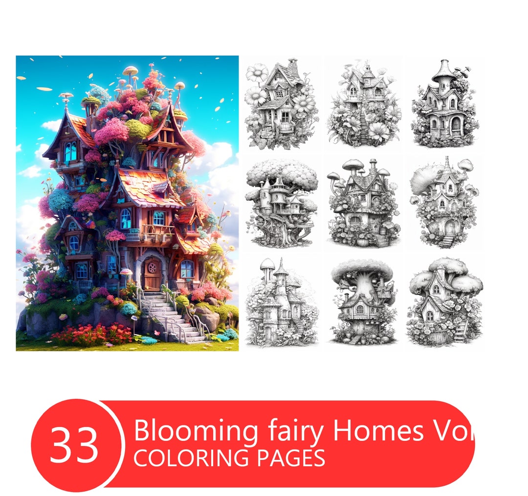 Blooming Fairy Homes Vol 2 Coloring Book for Adults and Kids, Grayscale ...