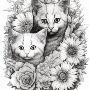 24 Cute Flower Cat Coloring Book, Adults Kids Coloring Pages, Instant ...