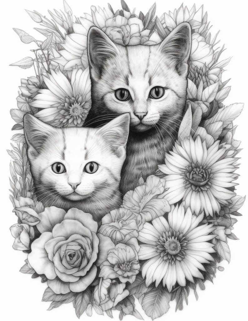 24 Cute Flower Cat Coloring Book Adults Kids Coloring Pages - Etsy
