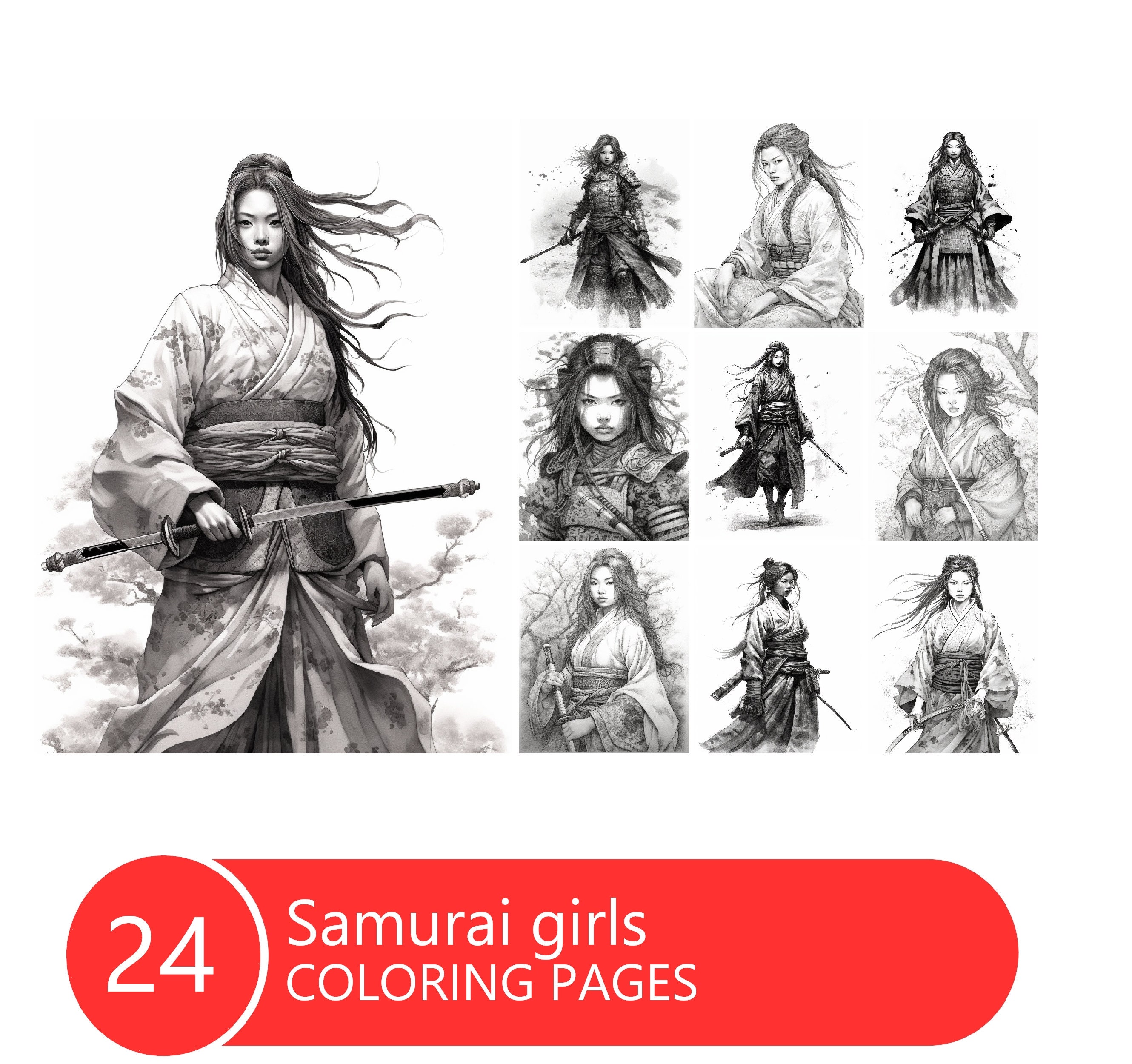 Libro para colorear Samurai Girls para adultos y niños, páginas para ...