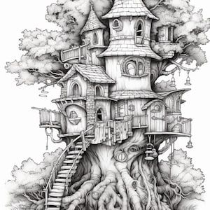 Enchanted Treehouse Coloring Page for Adults + Kids, Instant Download ...