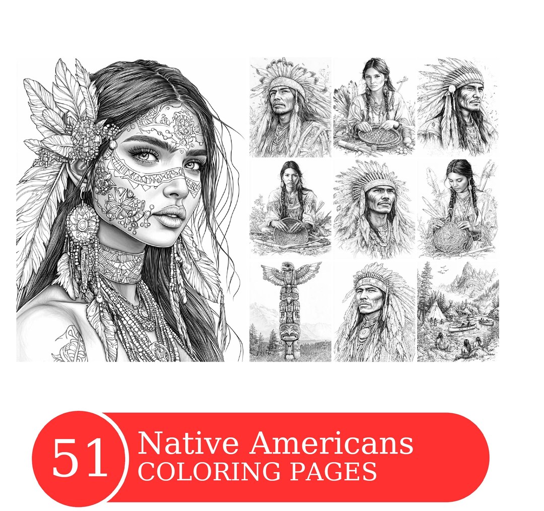 Native American Portraits Coloring Book: 51 Grayscale Pages (printable ...
