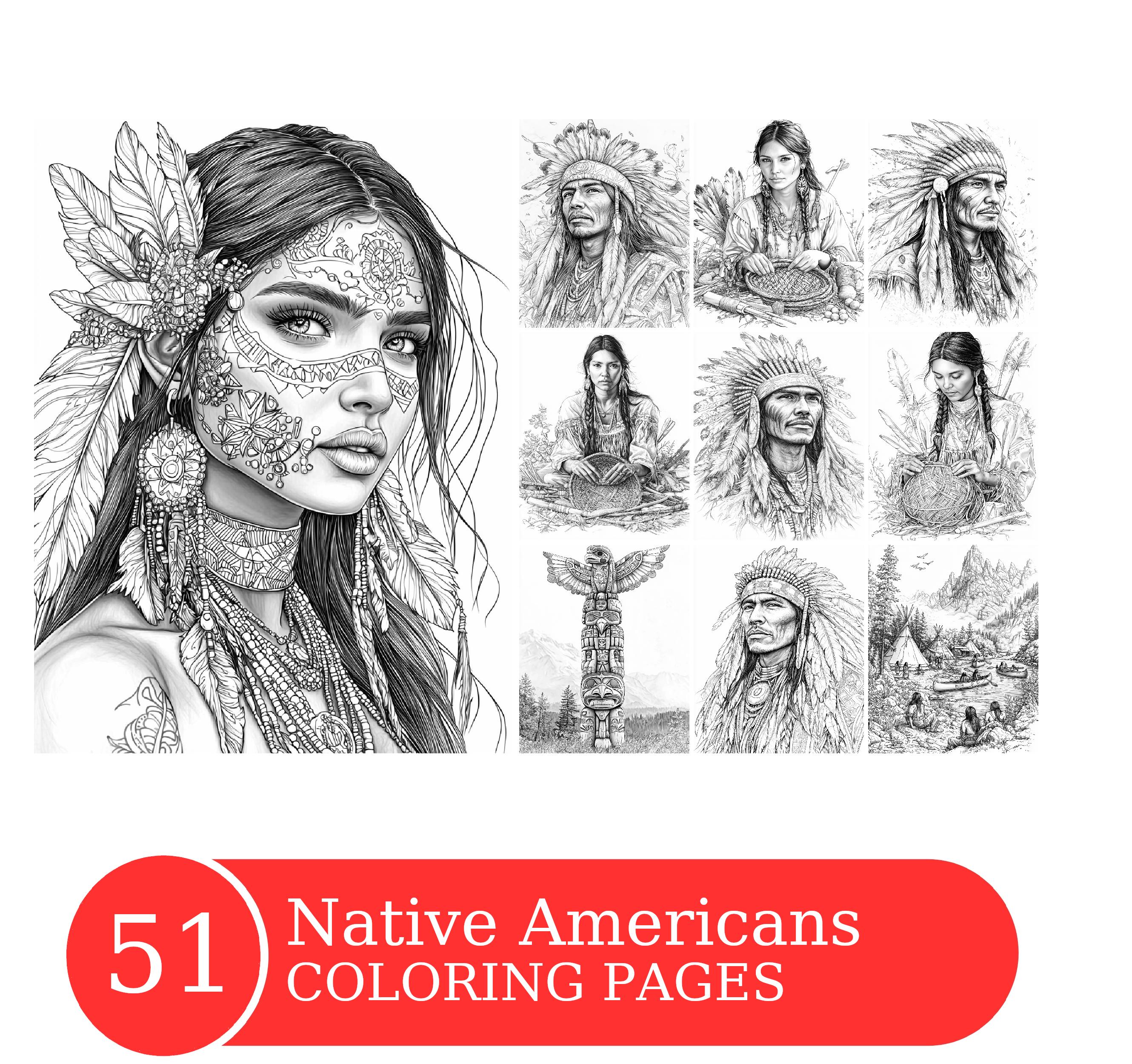 Native American Portraits Coloring Book: 51 Grayscale Pages (printable ...