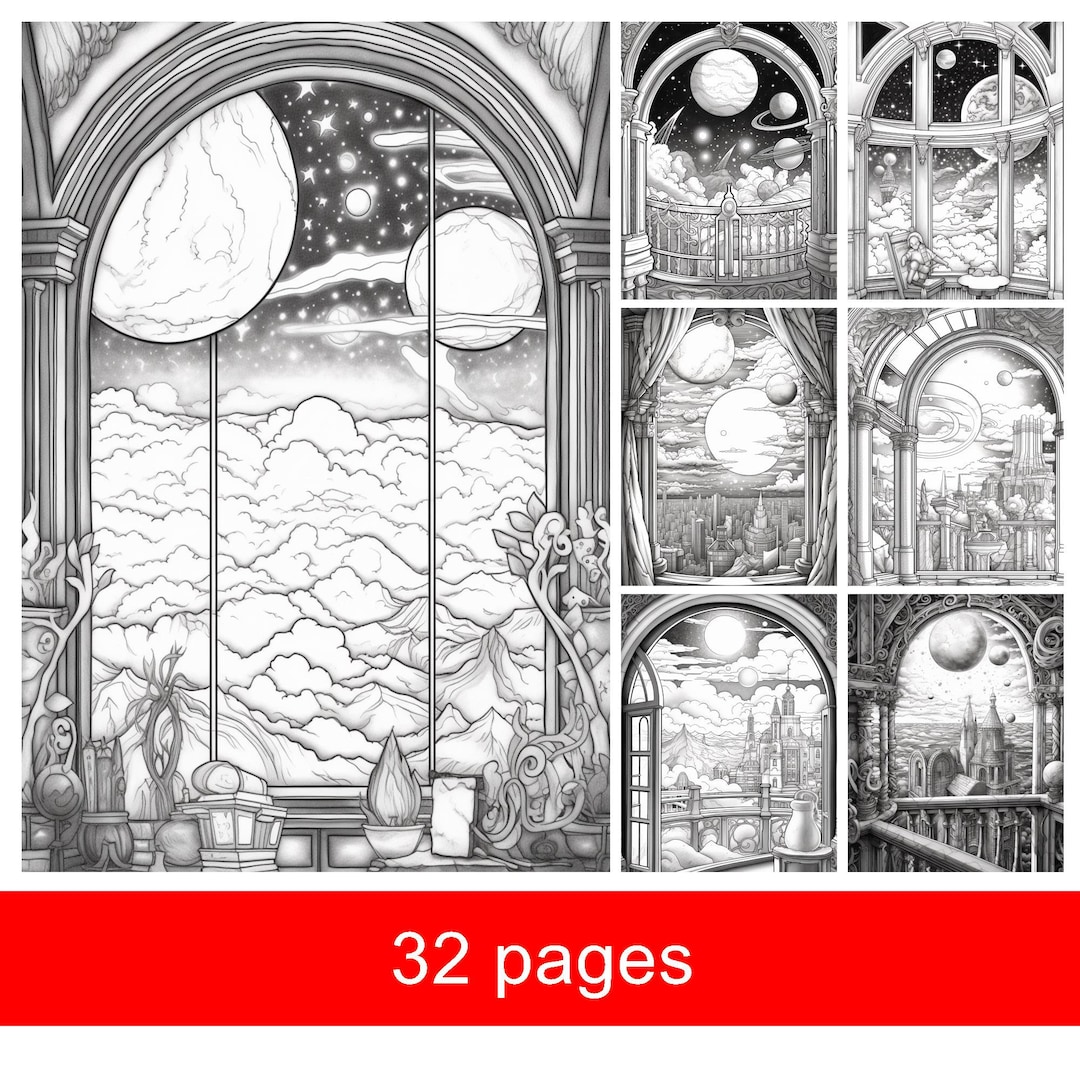 Grayscale Coloring Book: Window to Another World, Fantasy Scenes ...