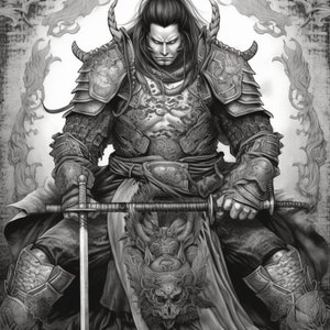 Samurai Warriors Coloring Page for Adults and Teens, Grayscale Coloring ...