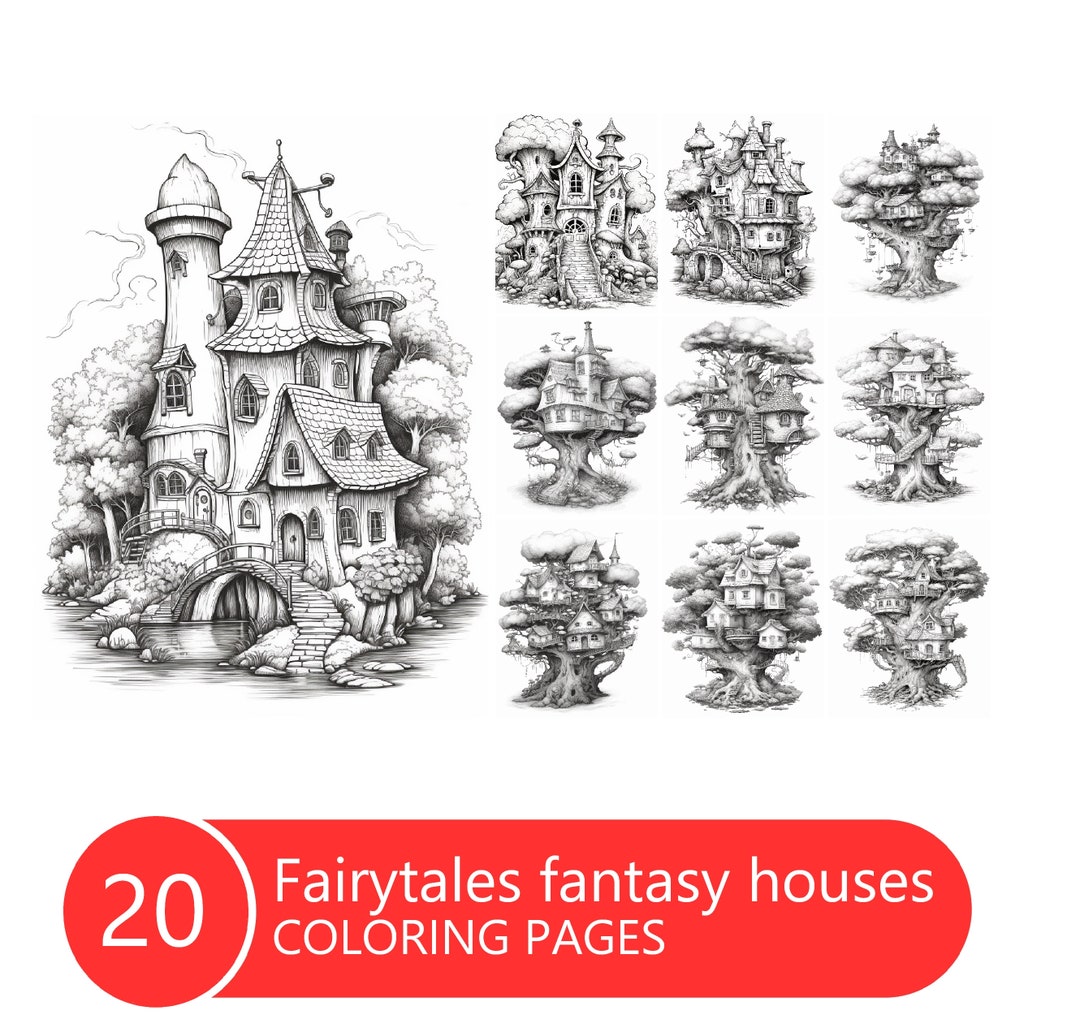 Fairytales Fantasy Houses Coloring Book for Adults and Kids, Grayscale ...