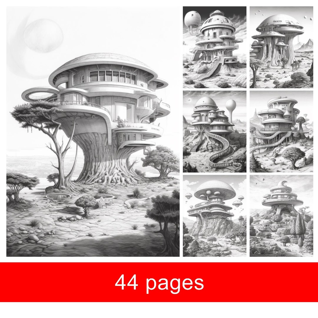 Futuristic Alien House Coloring Book for Adults and Kids, Grayscale ...