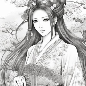 Japanese Princesses Coloring Book for Adults and Kids, Grayscale ...