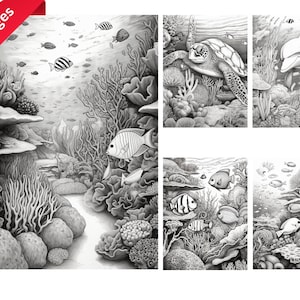Relaxing Coral Reef Coloring Book, Instant Download, Grayscale Animals ...
