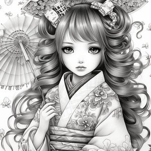 Anime Kimono Girls Coloring Book for Adults and Kids, Grayscale ...