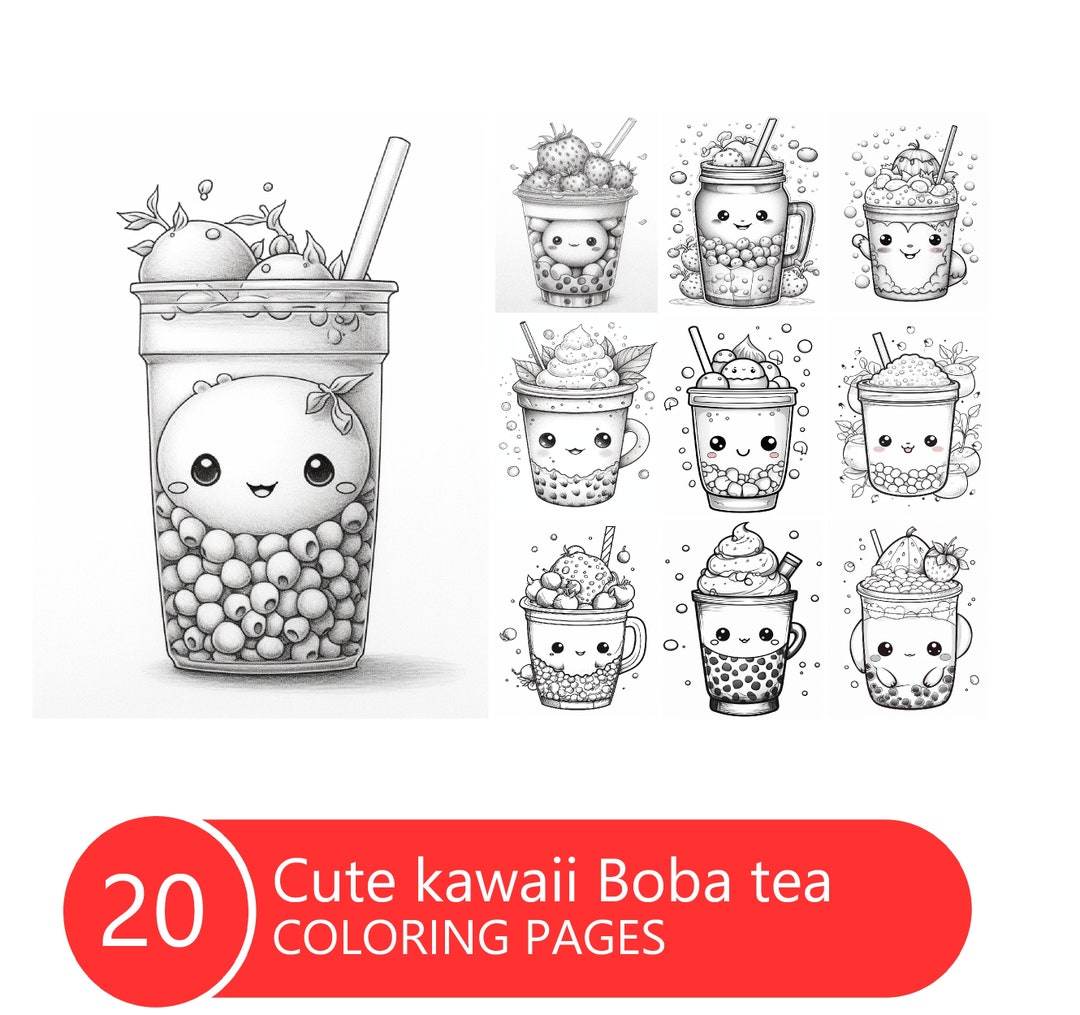 Cute Kawaii Boba Tea Coloring Book for Adults and Kids, Grayscale ...