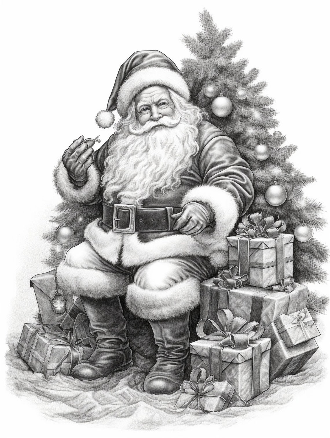 Santa Claus Coloring Book for Adults and Kids, Grayscale Coloring Pages ...