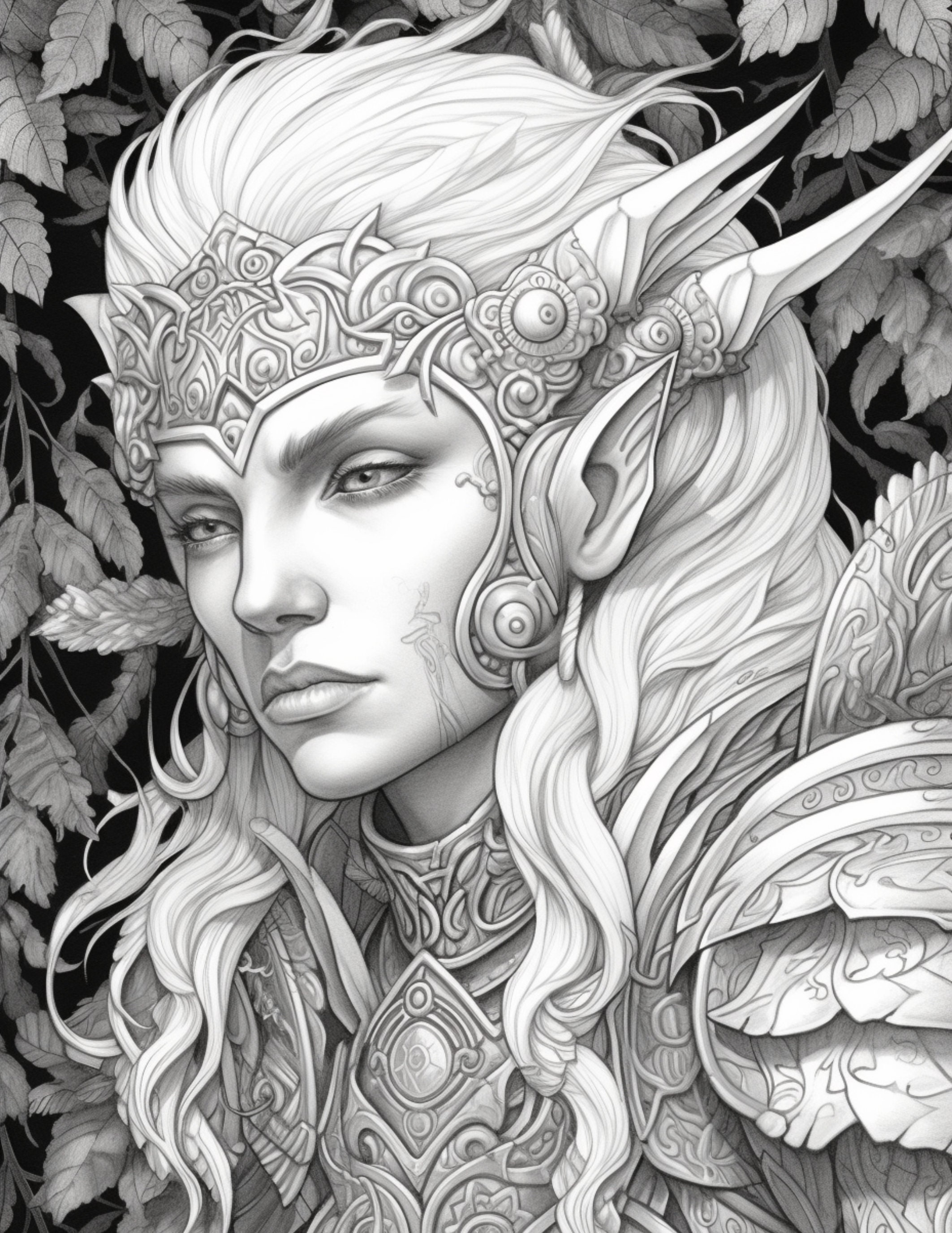 Grayscale Female Elf Coloring Book: Printable Illustrations (PDF ...